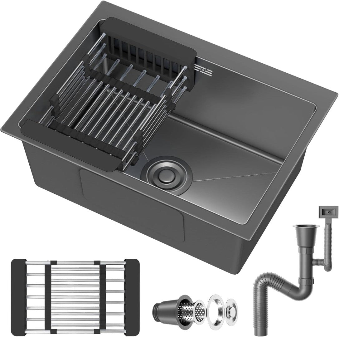 Stainless Steel Kitchen Sink with Drainer Basket 50x43cm Black ...