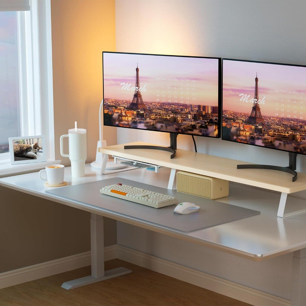 Dual Monitor Stand Riser Shelf with Wire Drawer White/Oak | Scope ...
